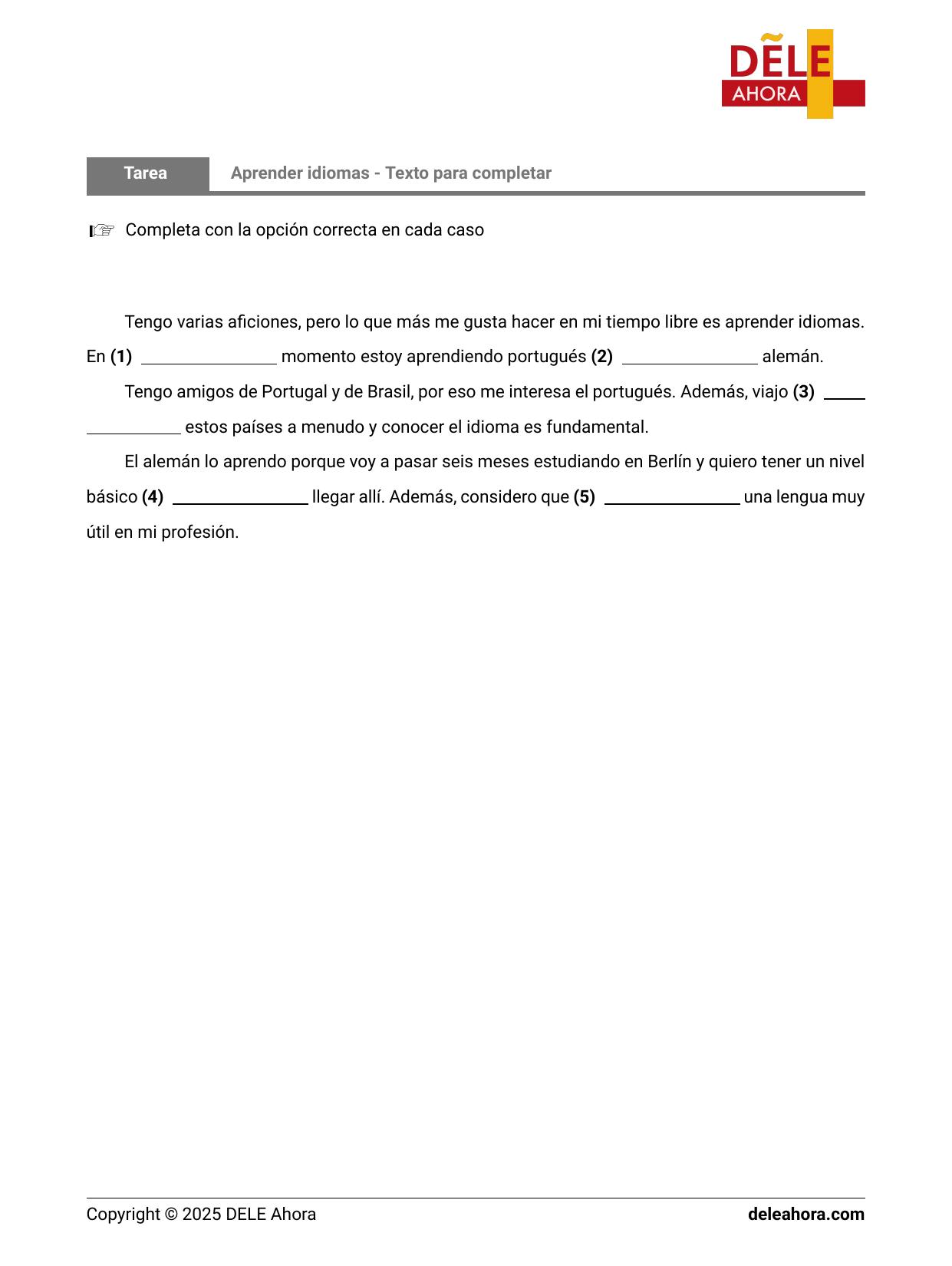 Aprender idiomas - Texto para completar | Comprensión de lectura
