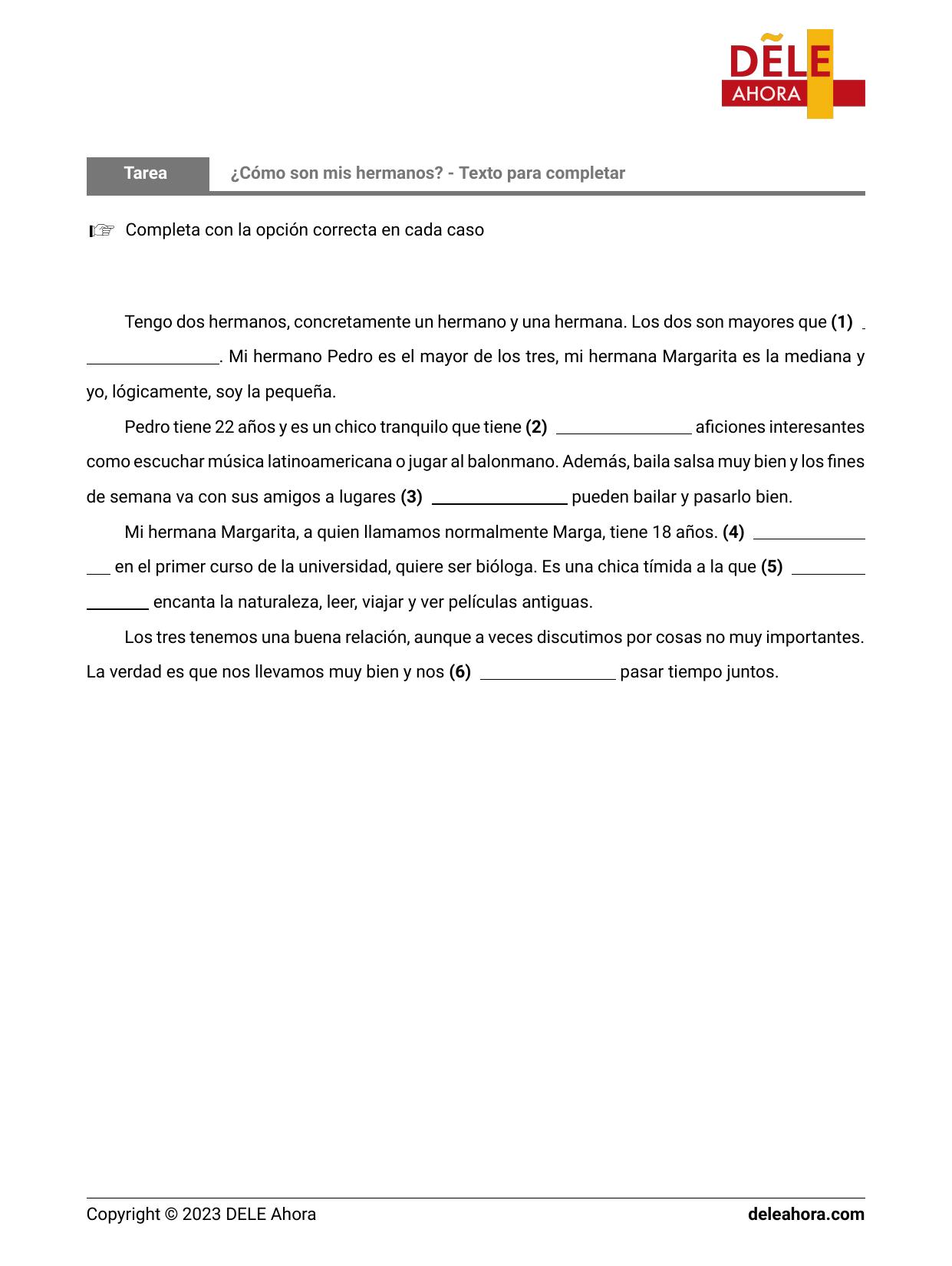 ¿Cómo son mis hermanos? - Texto para completar | Comprensión de lectura