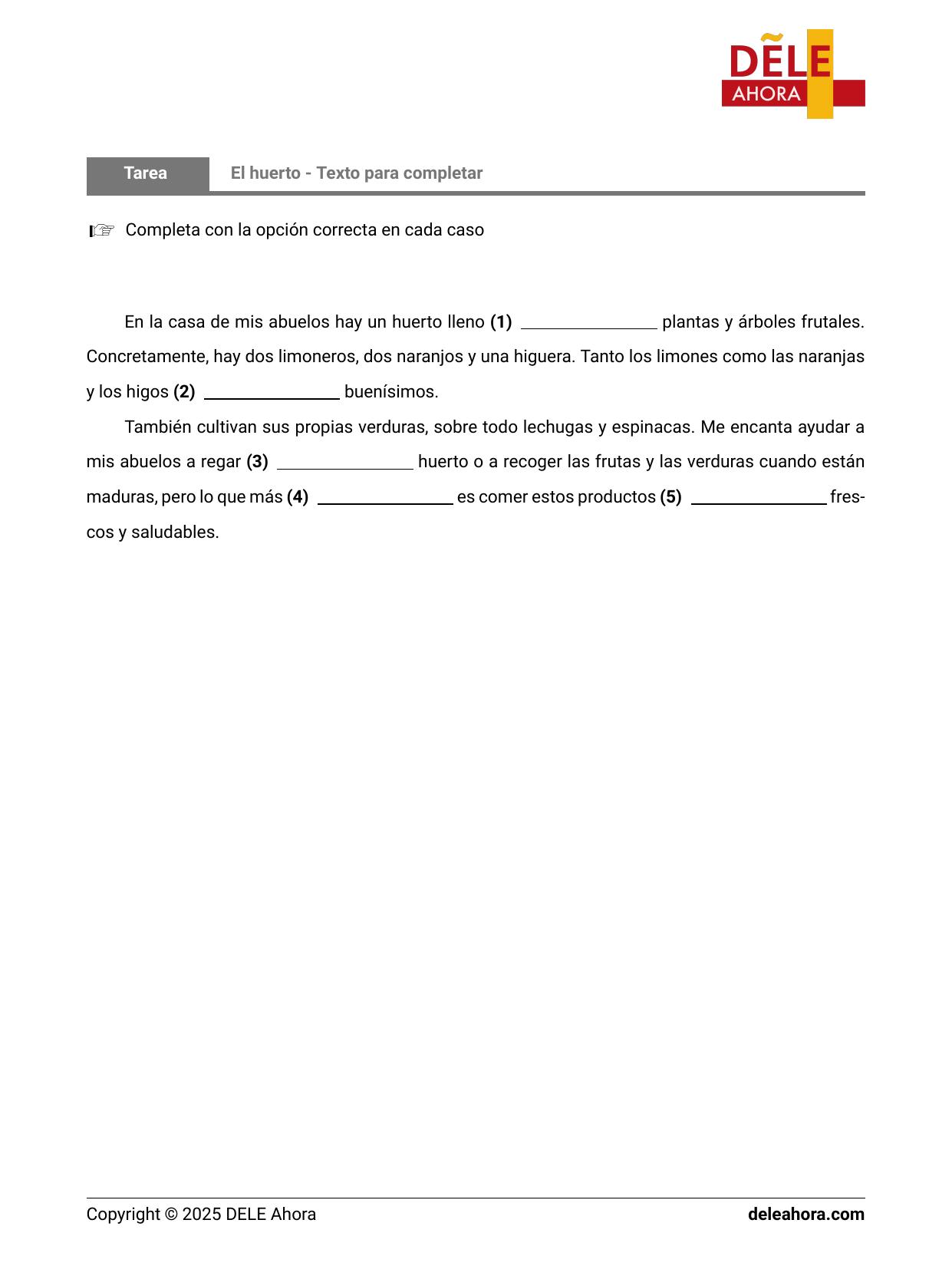 El huerto - Texto para completar | Comprensión de lectura