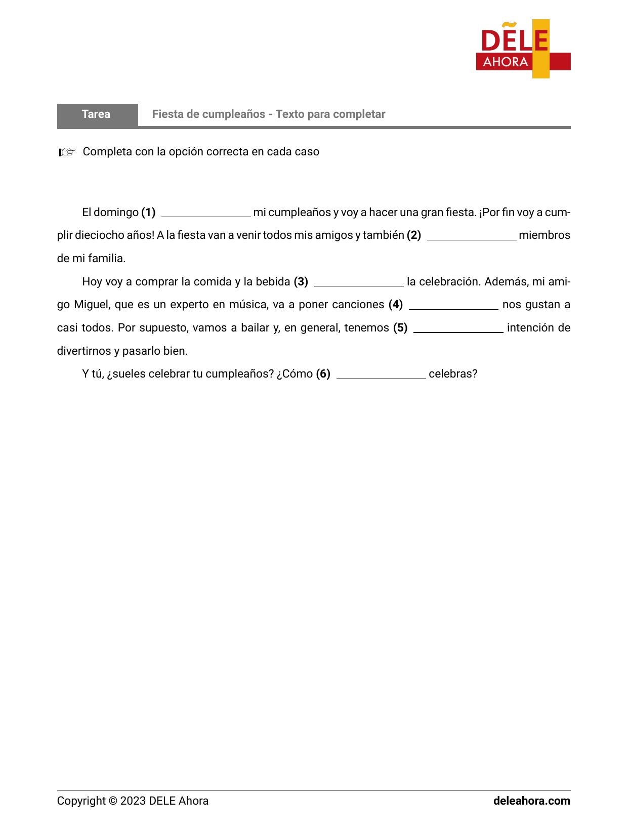 Fiesta de cumpleaños - Texto para completar | Comprensión de lectura