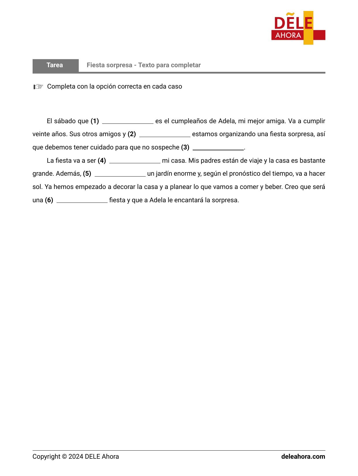 Fiesta sorpresa - Texto para completar | Comprensión de lectura