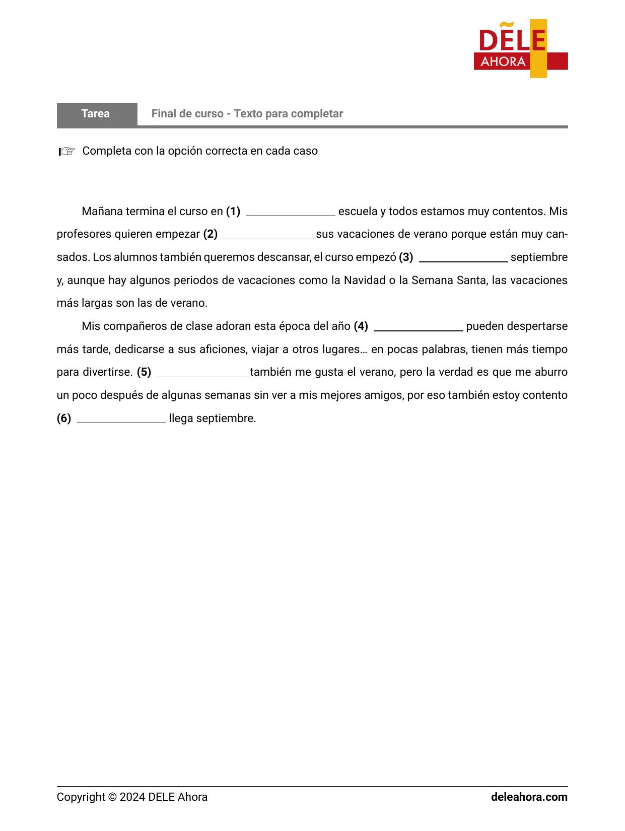 Final de curso - Texto para completar | Comprensión de lectura