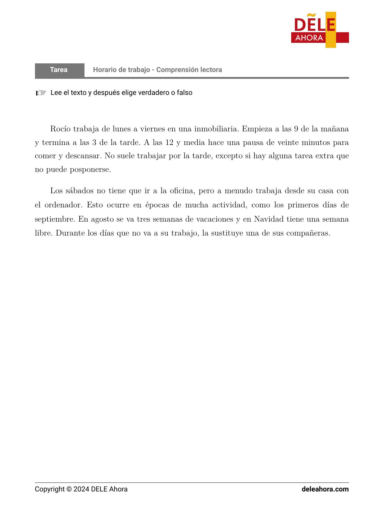 Horario de trabajo - Comprensión lectora | Comprensión de lectura