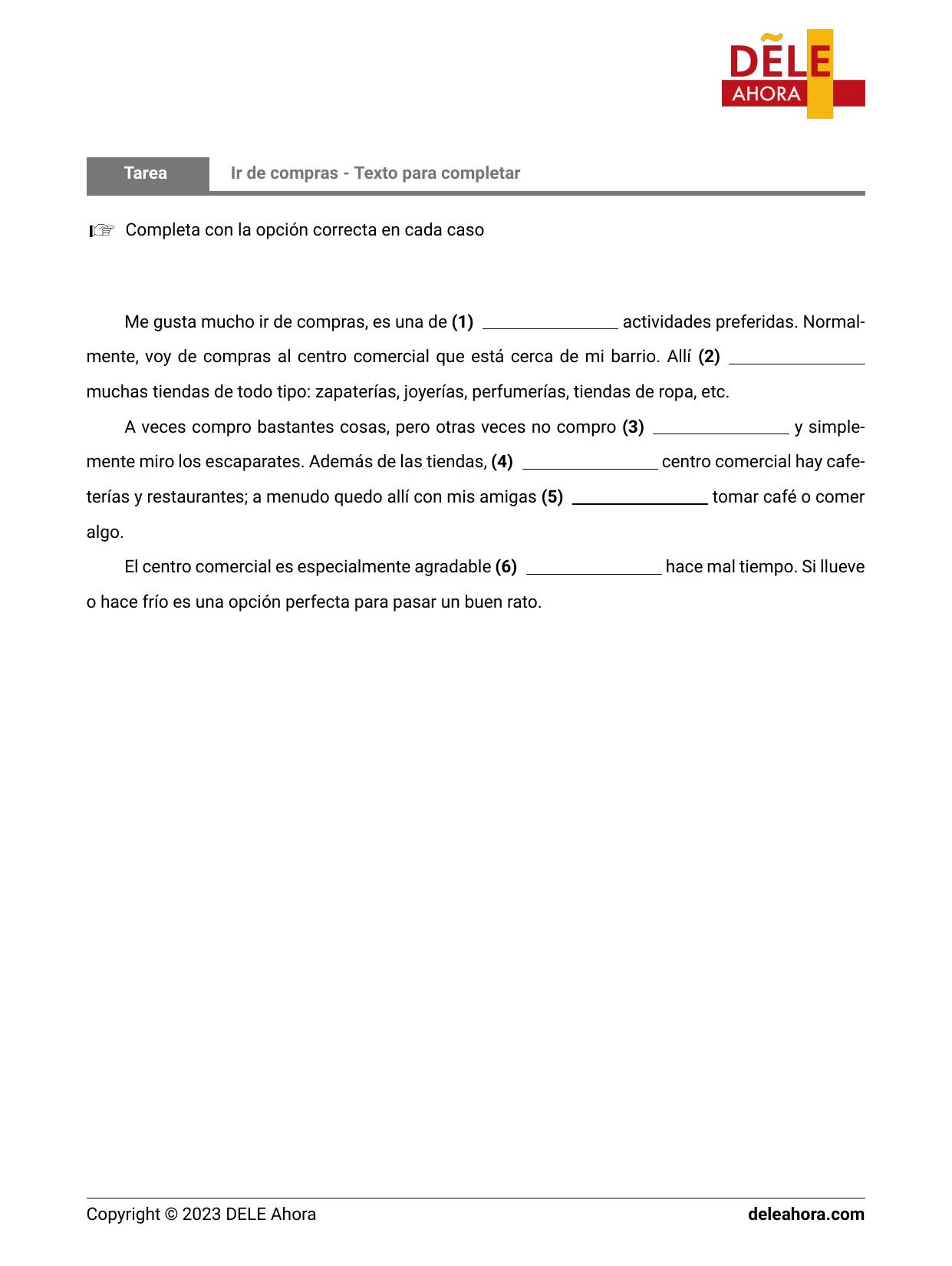 Ir de compras - Texto para completar | Comprensión de lectura