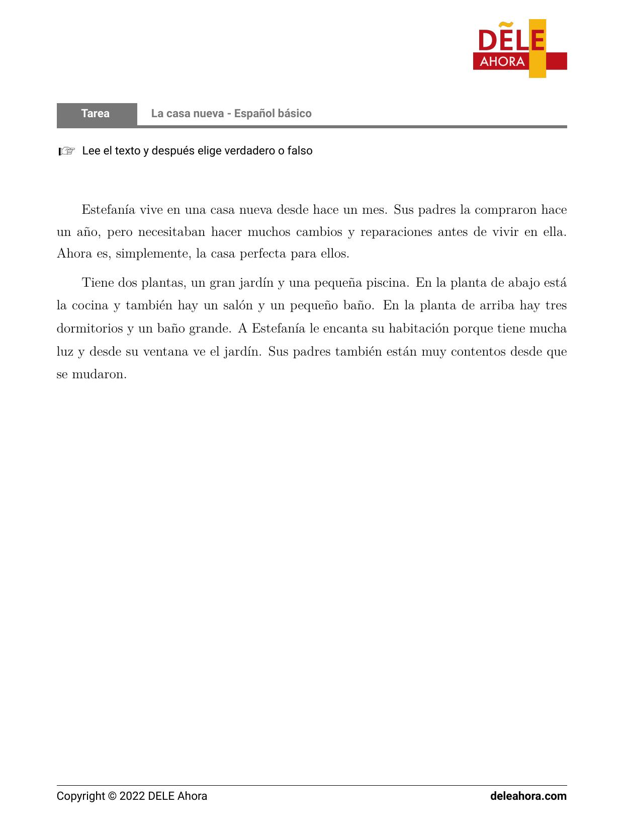 La casa nueva - Español básico | Comprensión de lectura