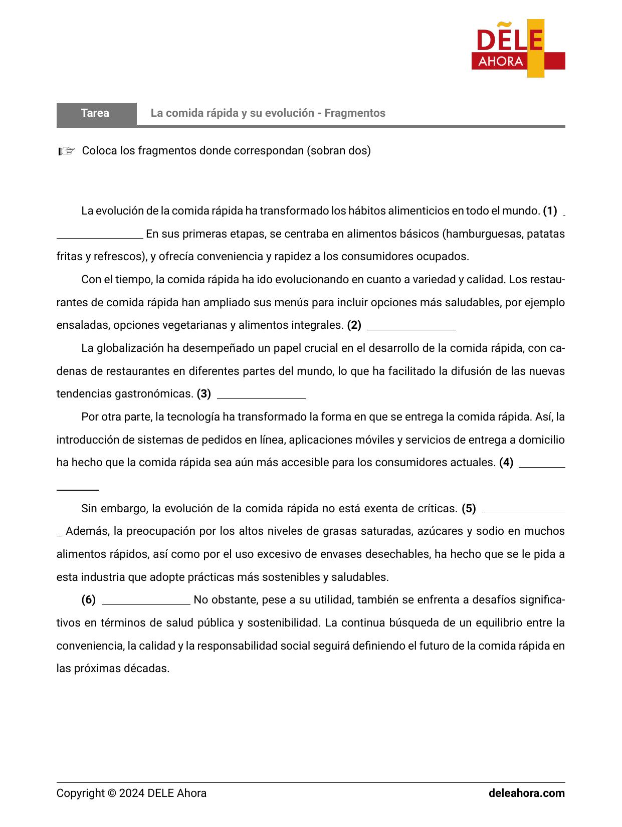 La comida rápida y su evolución - Fragmentos | Comprensión de lectura