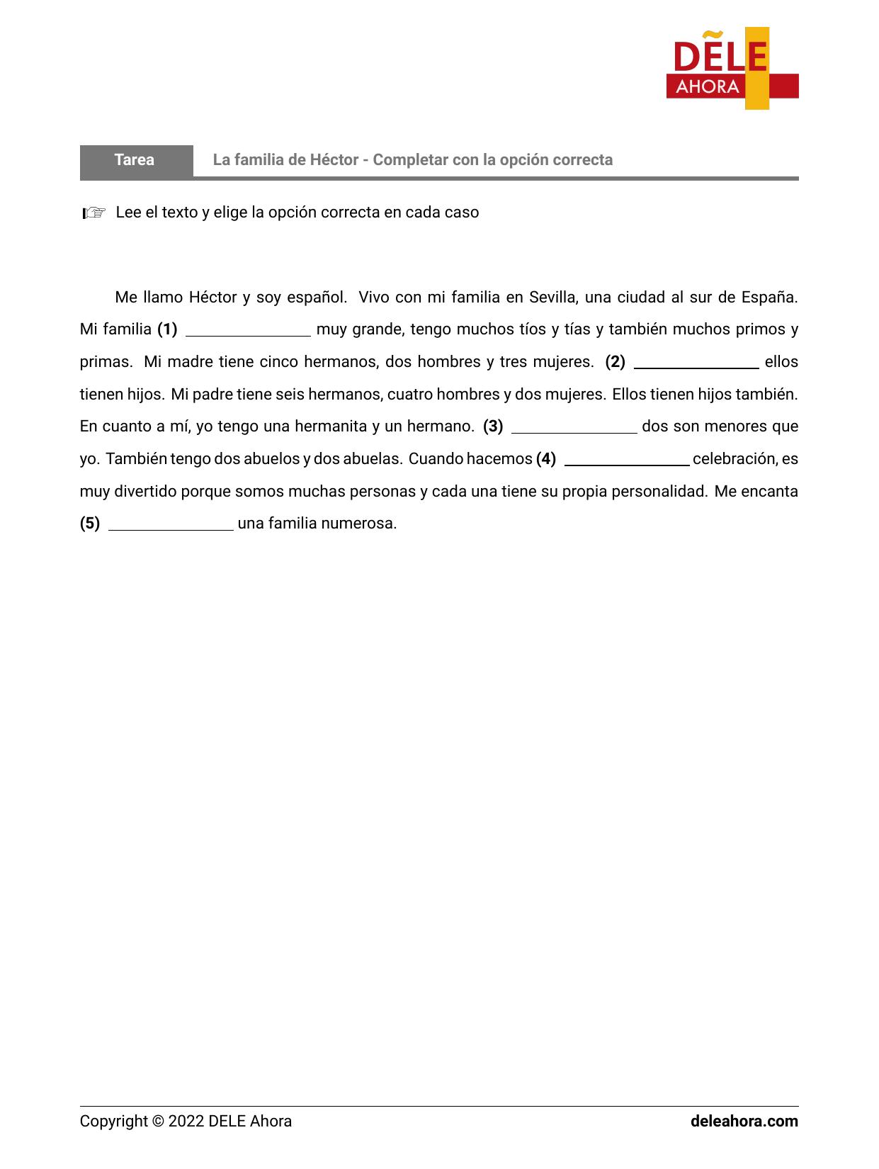 La familia de Héctor - Completar con la opción correcta | Comprensión ... La familia de Héctor - Completar con la opción correcta | Comprensión ...