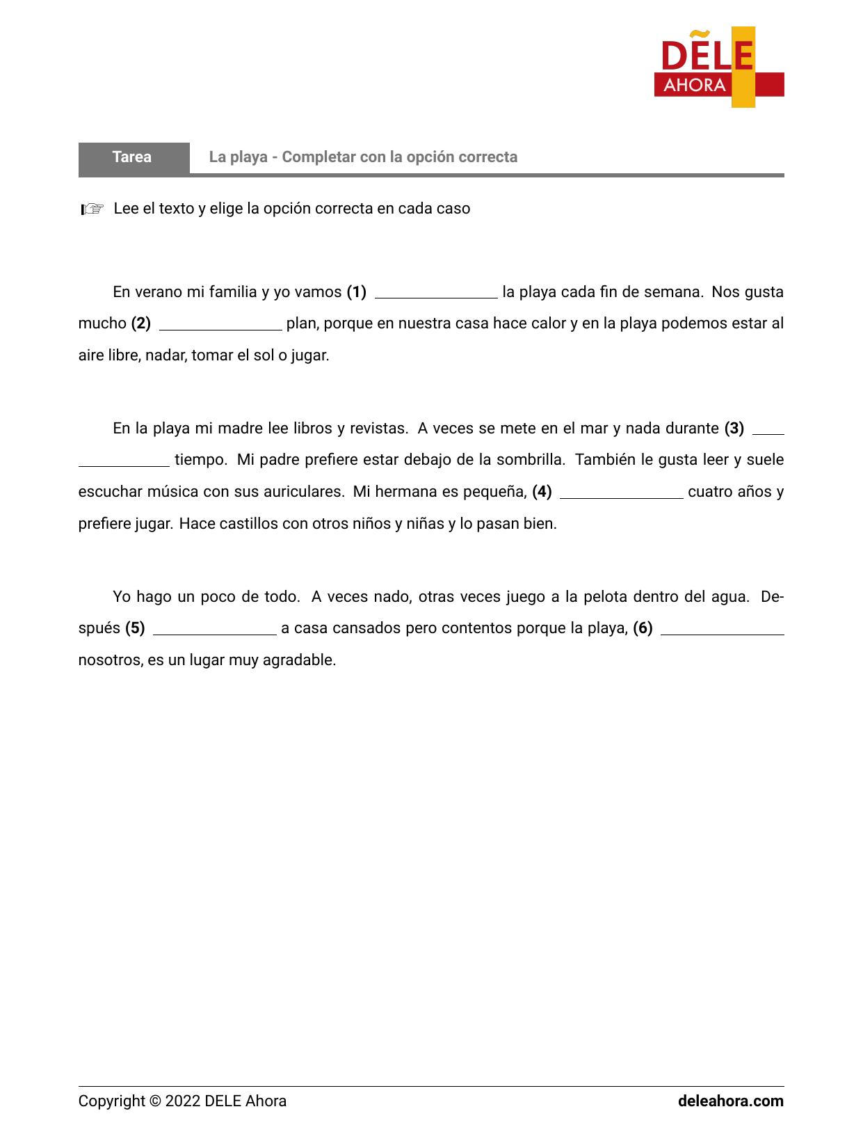 La playa - Completar con la opción correcta | Comprensión de lectura