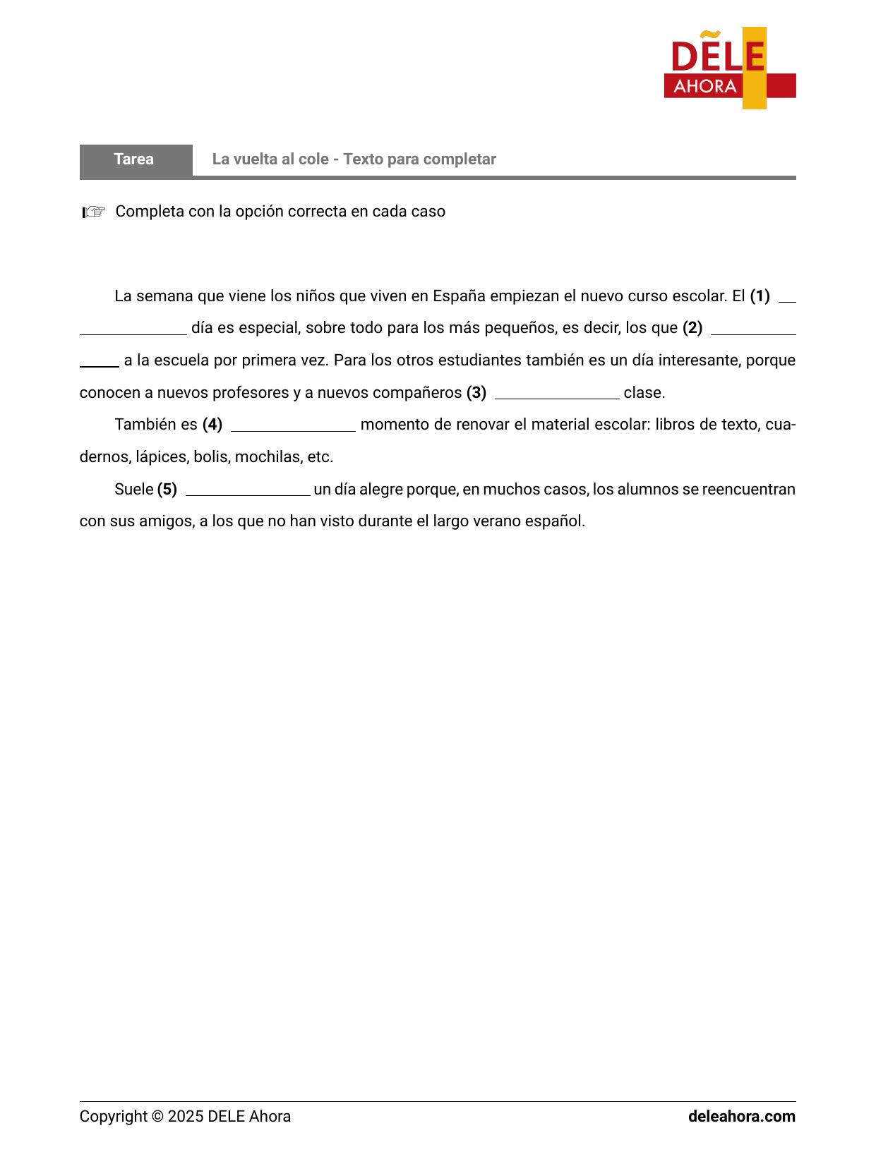 La vuelta al cole - Texto para completar | Comprensión de lectura