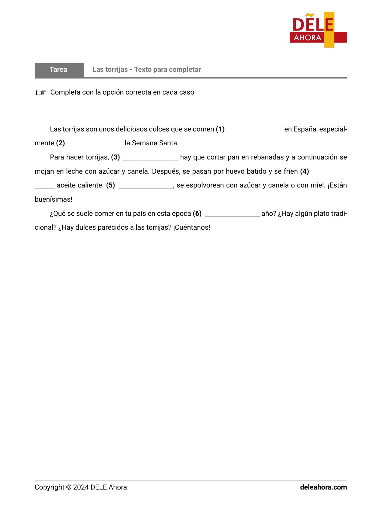 Las torrijas - Texto para completar | Comprensión de lectura