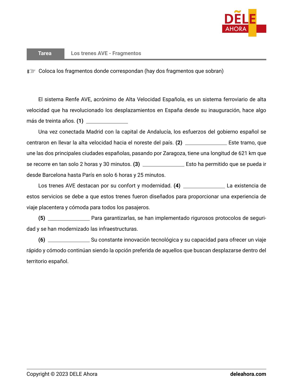 Los trenes AVE - Fragmentos | Comprensión de lectura