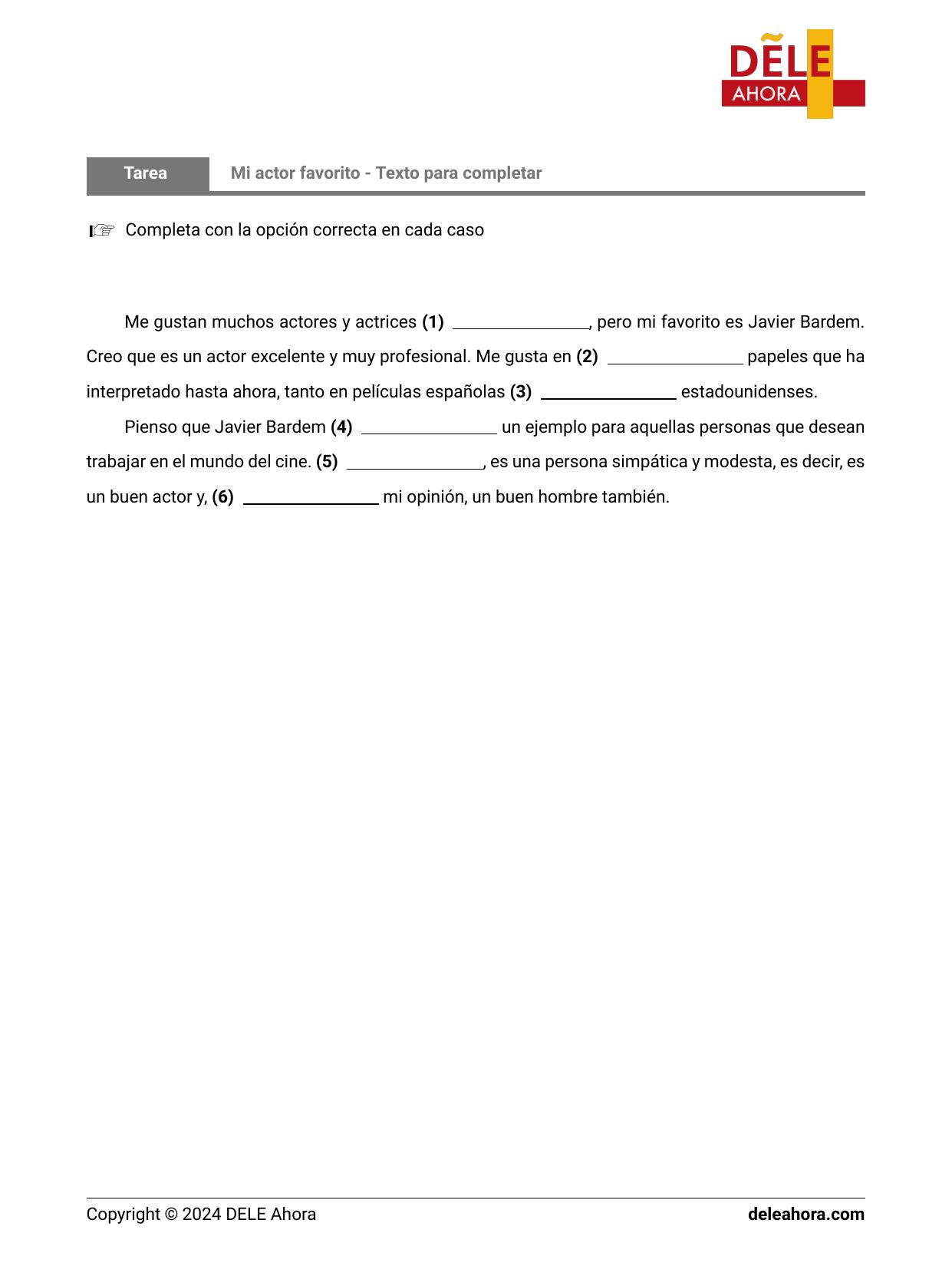 Mi actor favorito - Texto para completar | Comprensión de lectura