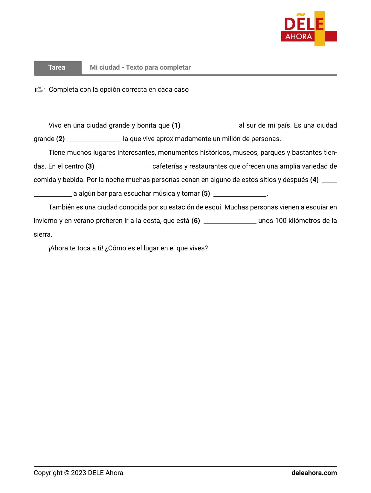Mi ciudad - Texto para completar | Comprensión de lectura