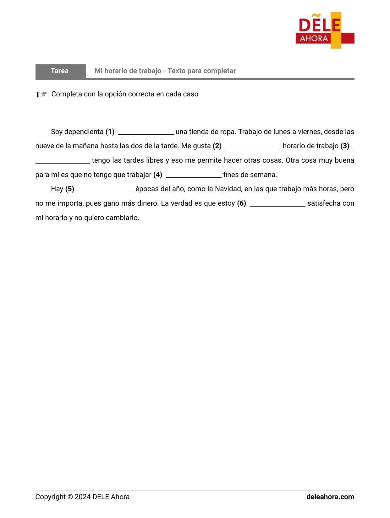 Mi horario de trabajo - Texto para completar | Comprensión de lectura