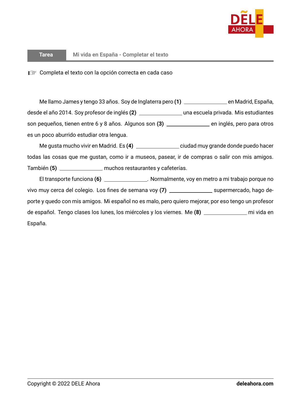 Mi vida en España - Completar el texto | Comprensión de lectura