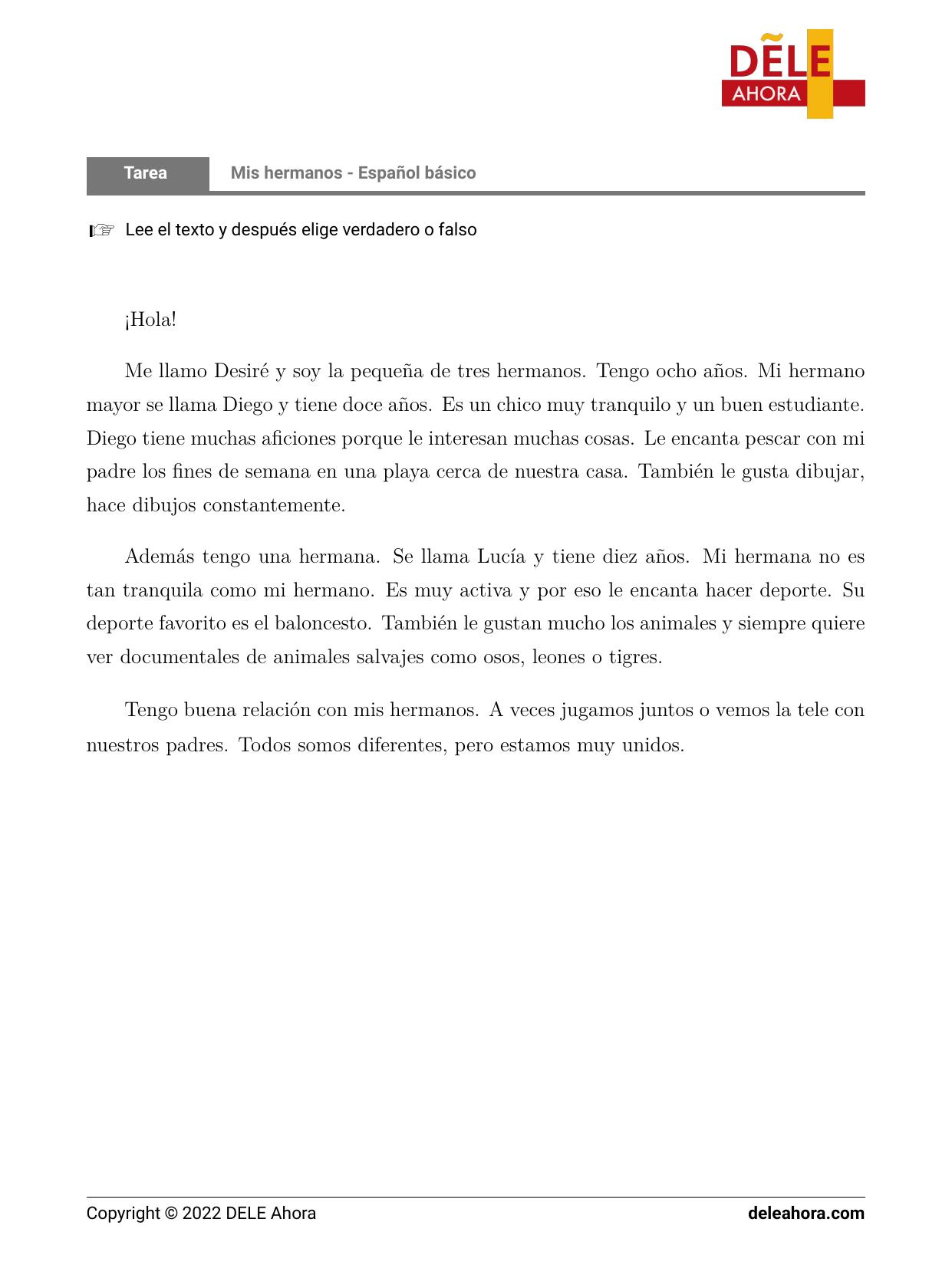 Mis hermanos - Español básico | Comprensión de lectura