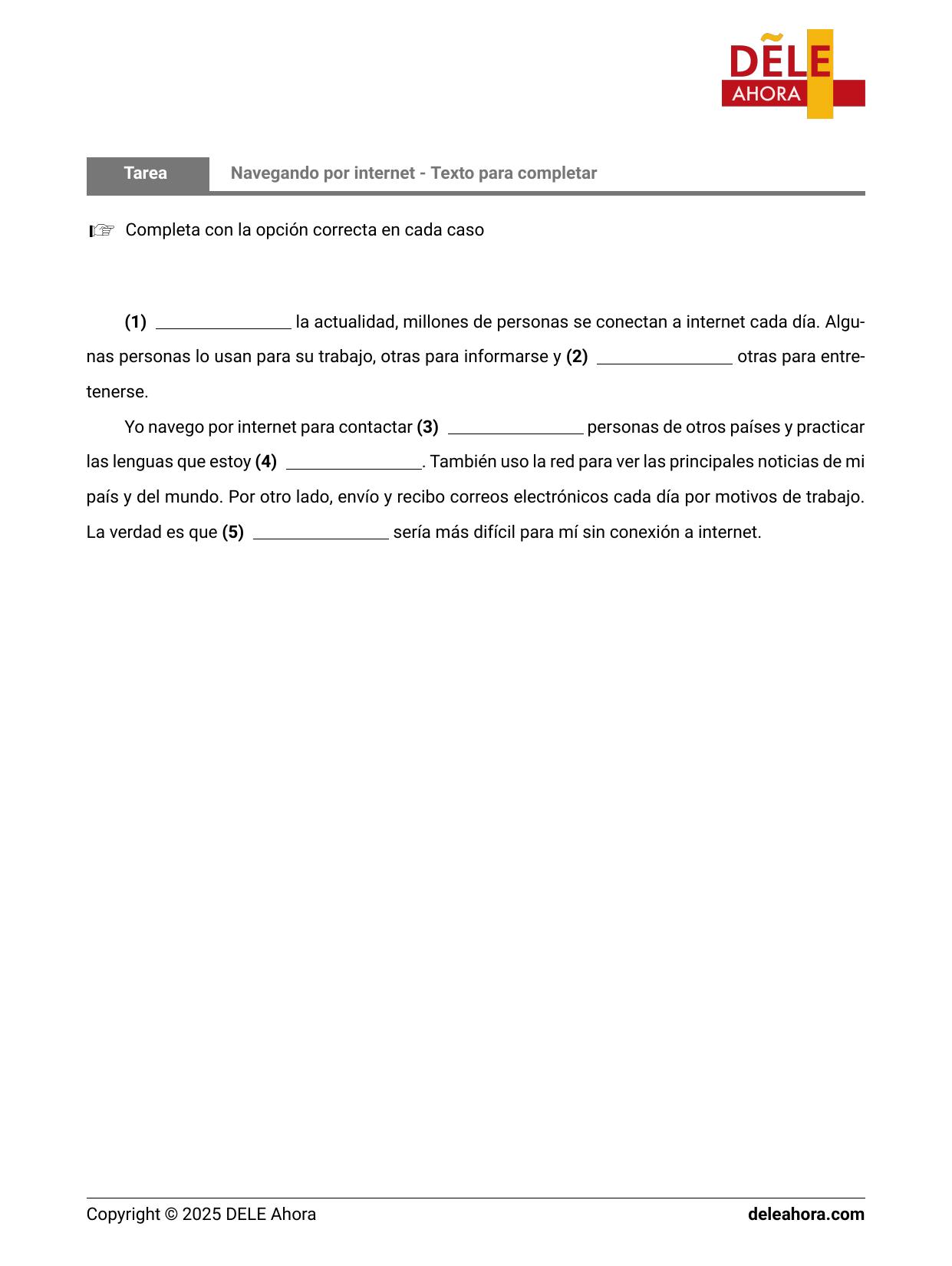 Navegando por internet - Texto para completar | Comprensión de lectura