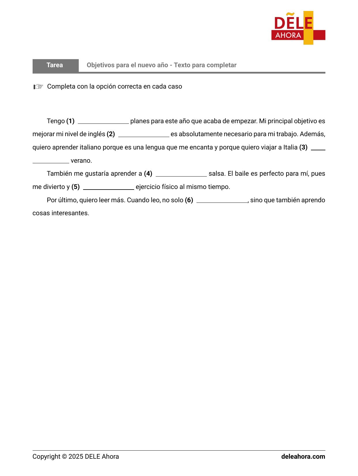 Objetivos para el nuevo año - Texto para completar | Comprensión de lectura