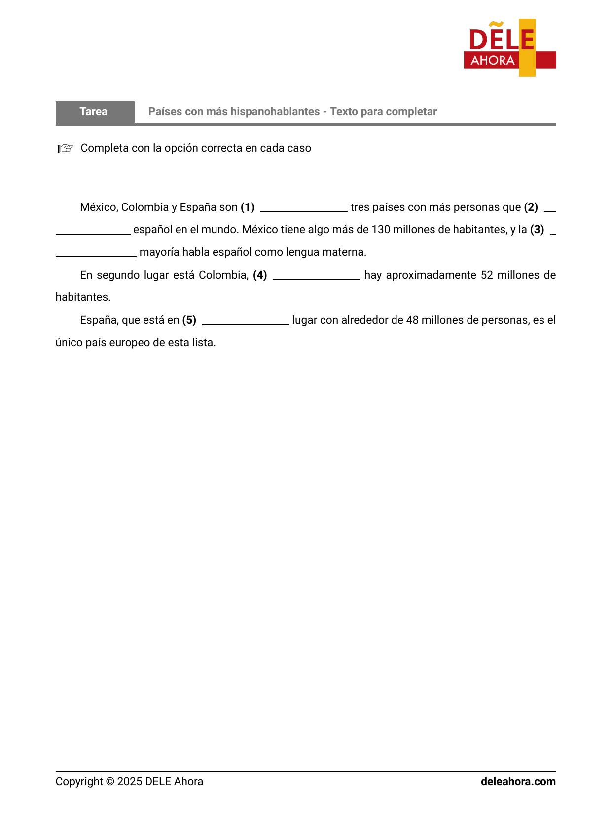 Países con más hispanohablantes - Texto para completar | Comprensión de ...