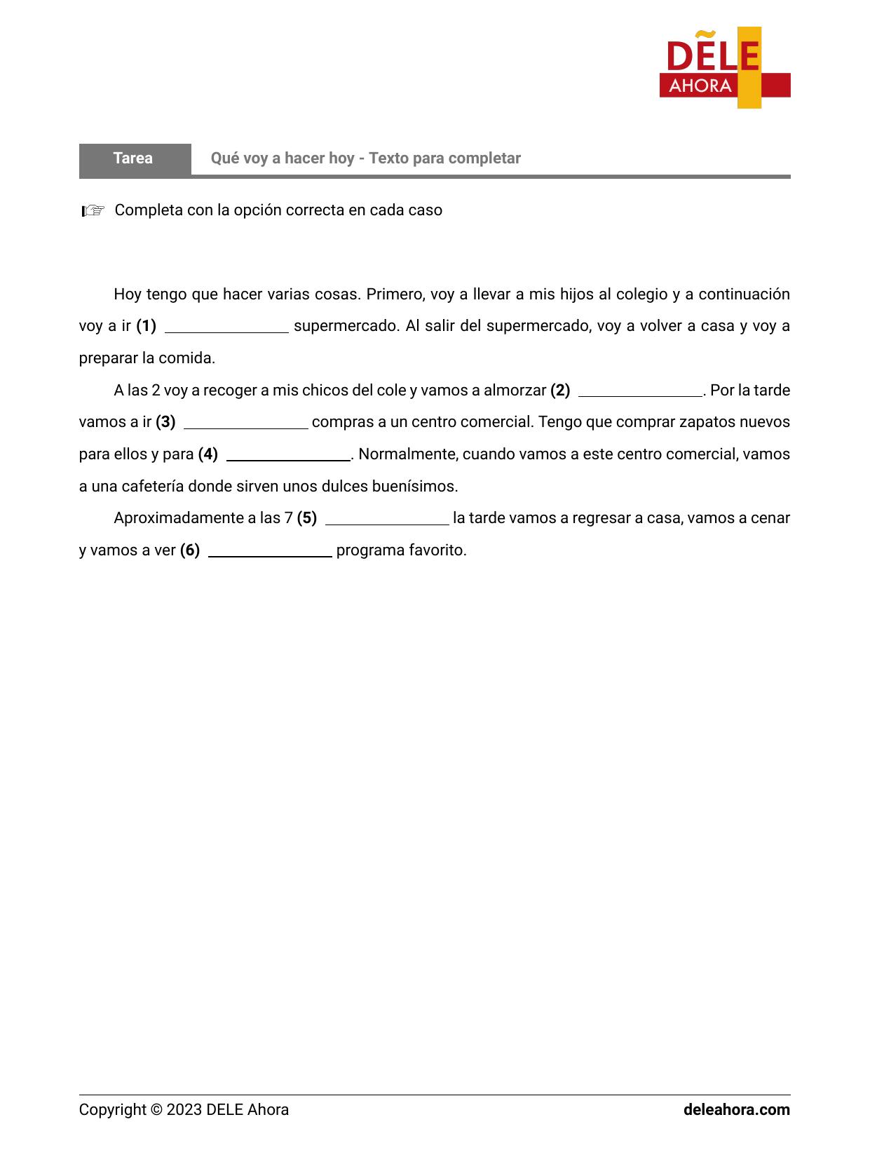 Qué voy a hacer hoy - Texto para completar | Comprensión de lectura