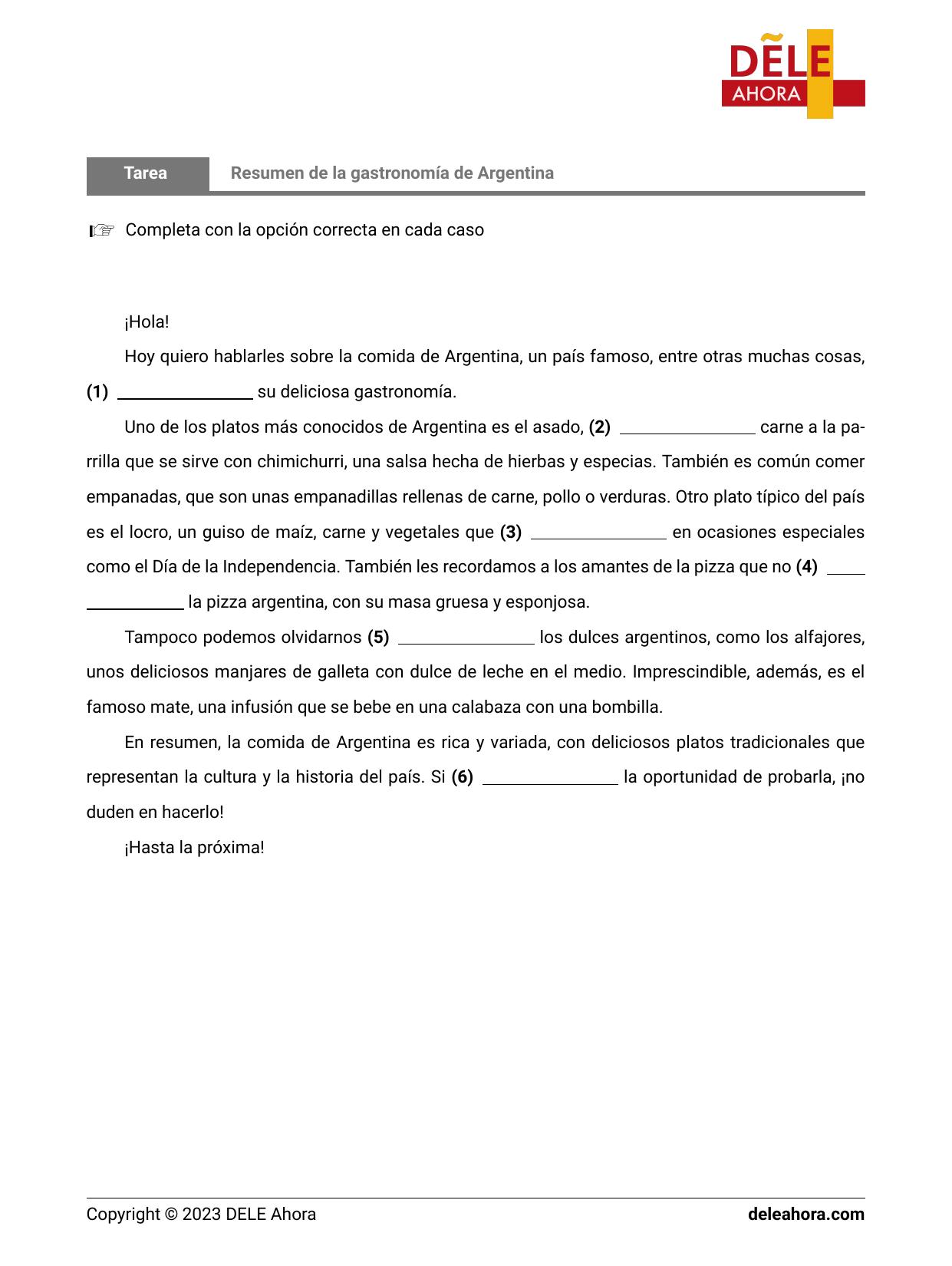 Resumen de la gastronomía de Argentina | Comprensión de lectura