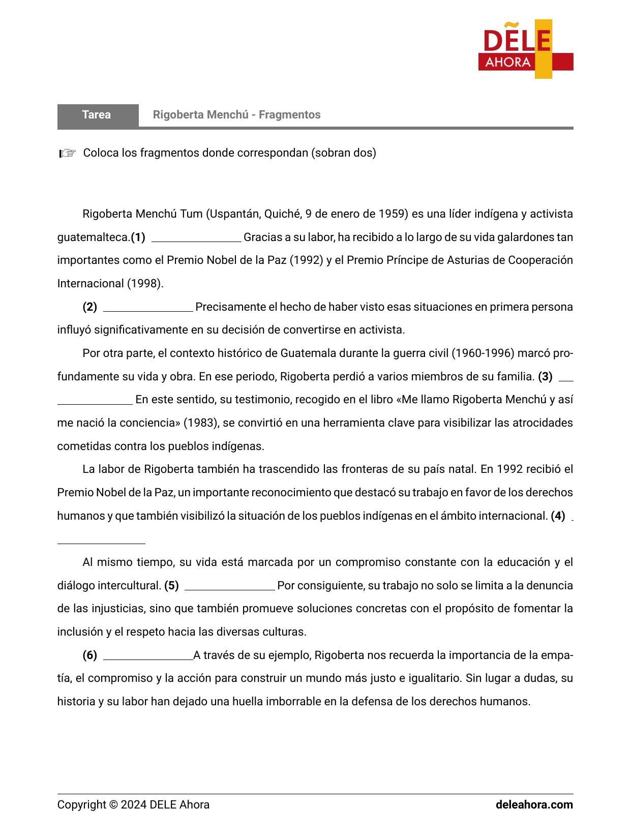 Rigoberta Menchú - Fragmentos | Comprensión de lectura