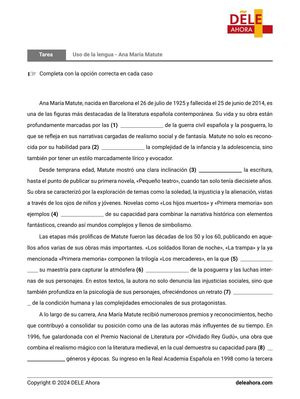 Uso de la lengua - Ana María Matute | Comprensión de lectura