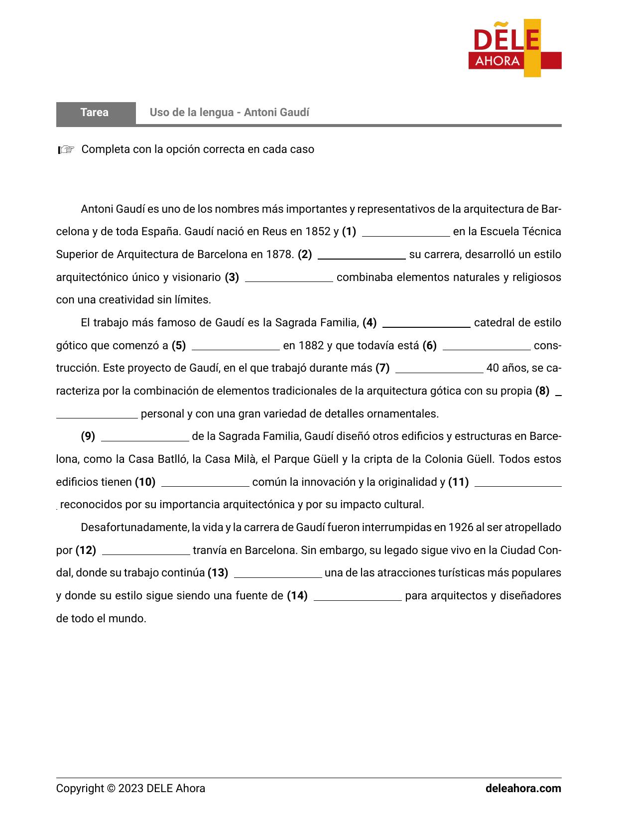 Uso de la lengua - Antoni Gaudí | Comprensión de lectura