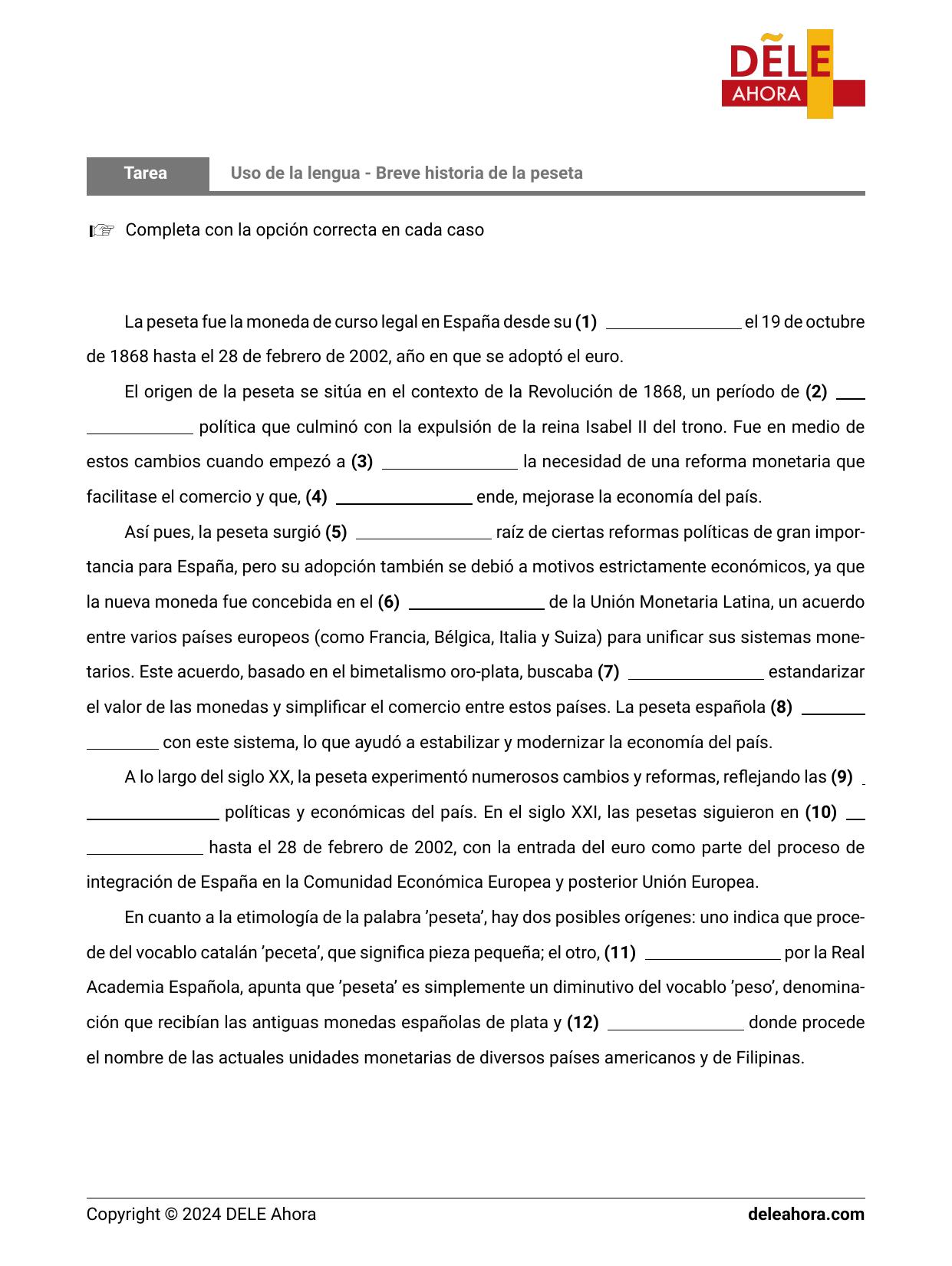 Uso de la lengua - Breve historia de la peseta | Comprensión de lectura