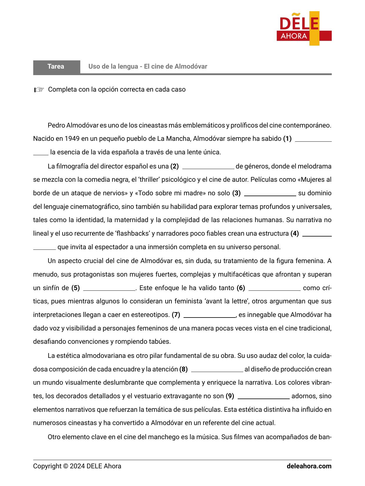 Uso de la lengua - El cine de Almodóvar | Comprensión de lectura