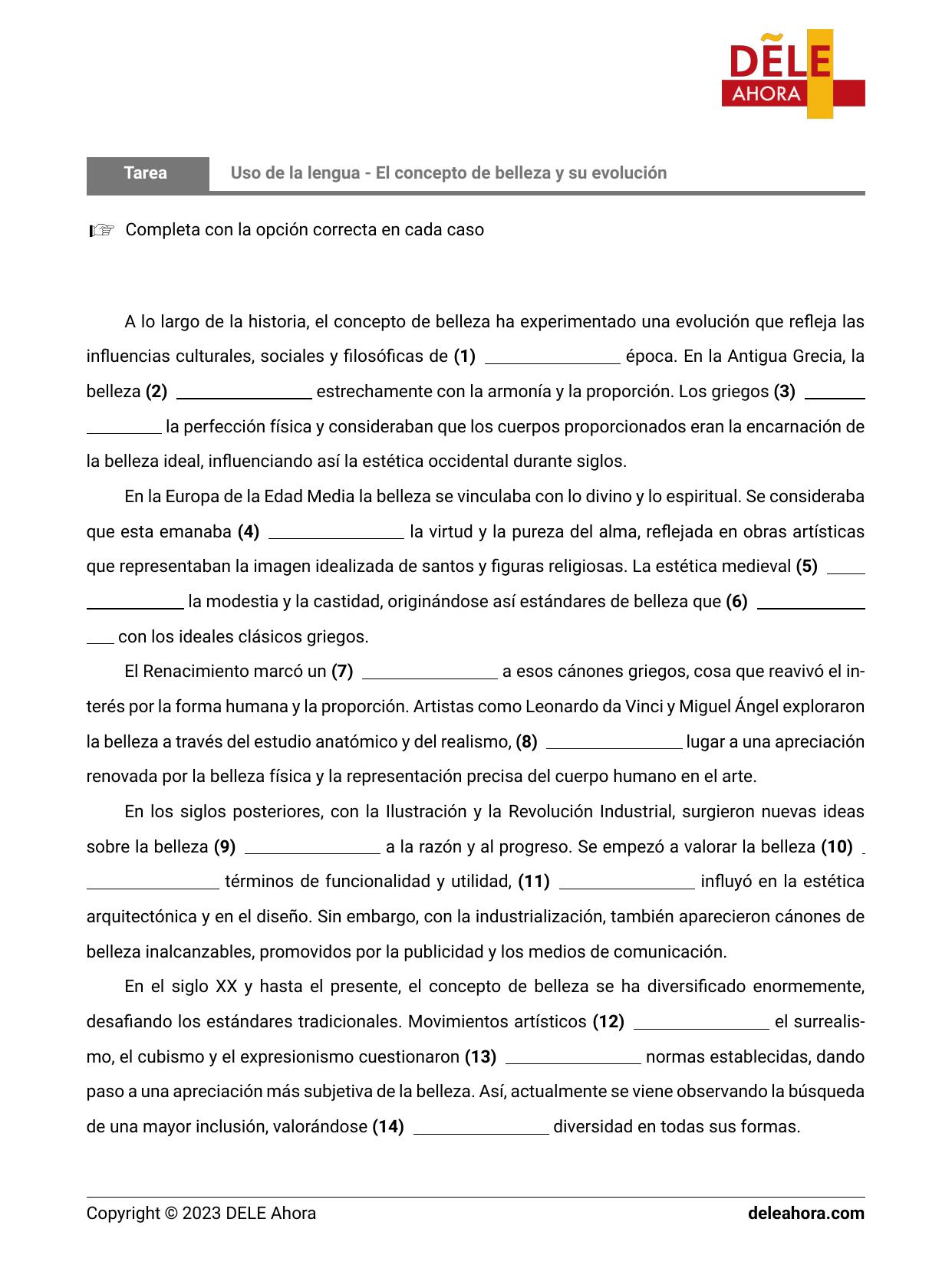 Uso de la lengua - El concepto de belleza y su evolu... | Comprensión ...