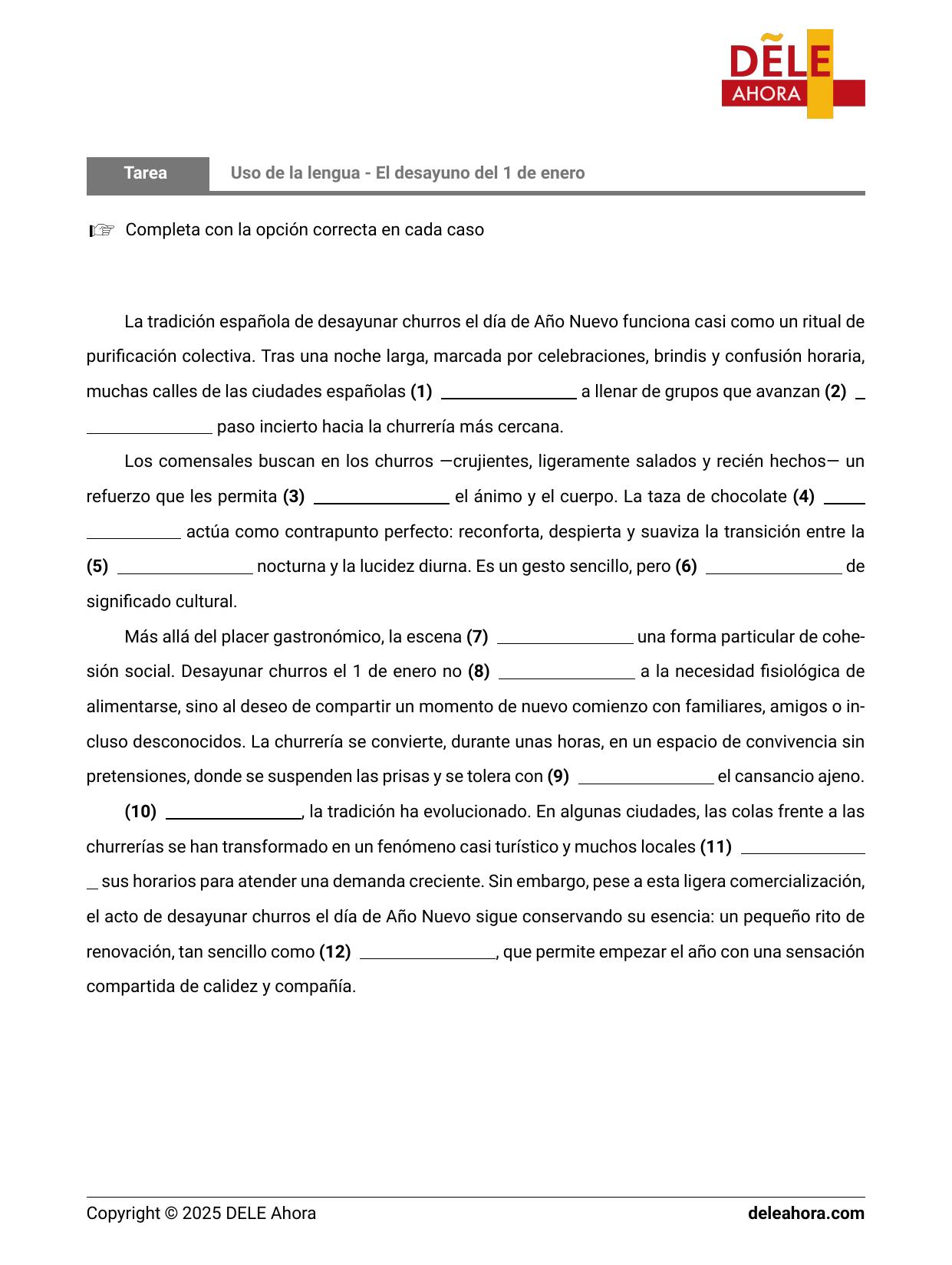 Uso de la lengua - El desayuno del 1 de enero | Comprensión de lectura