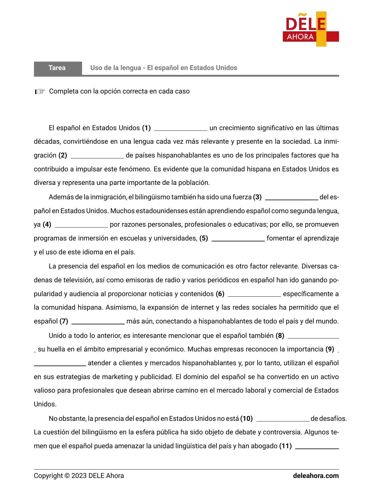 Uso de la lengua - El español en Estados Unidos | Comprensión de lectura