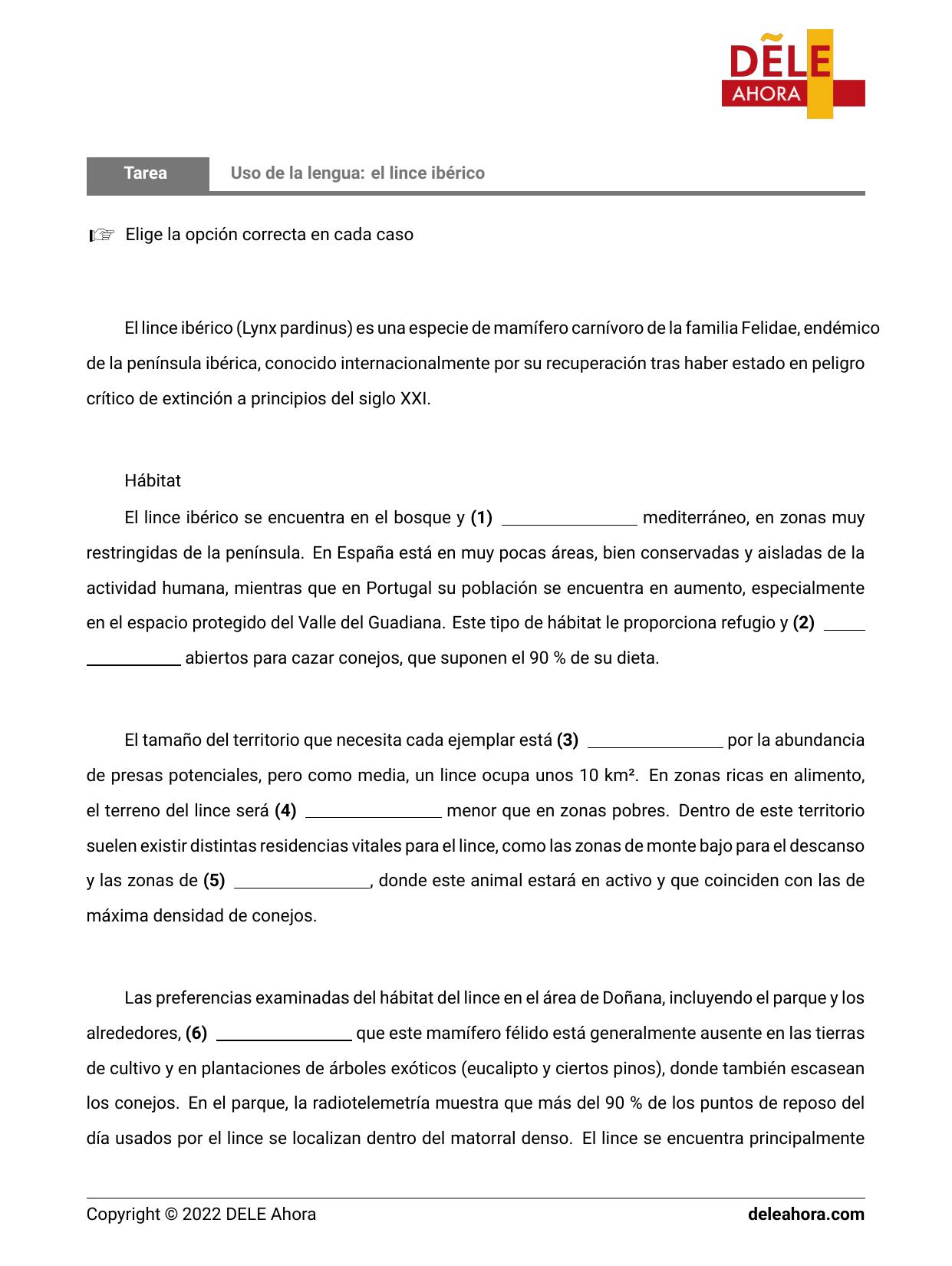 Uso de la lengua: el lince ibérico | Comprensión de lectura