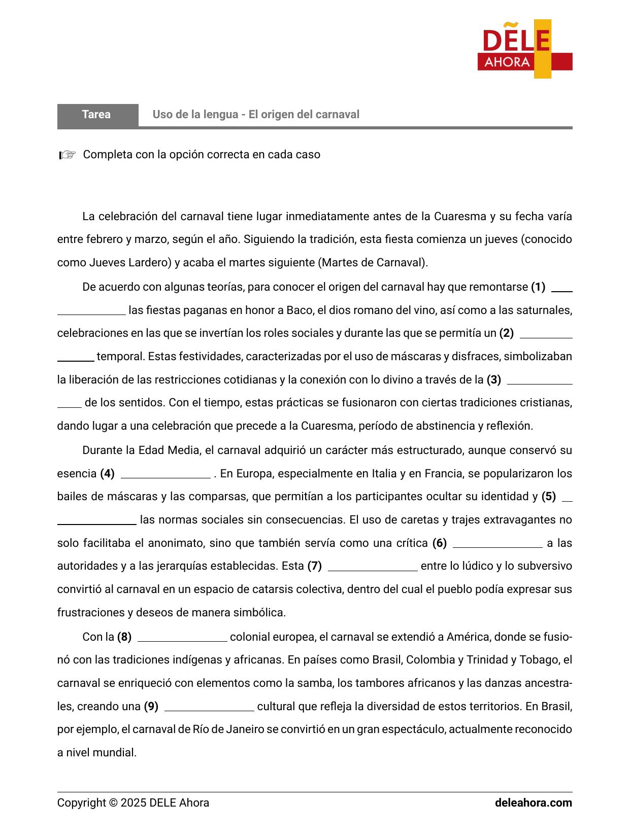 Uso de la lengua - El origen del carnaval | Comprensión de lectura
