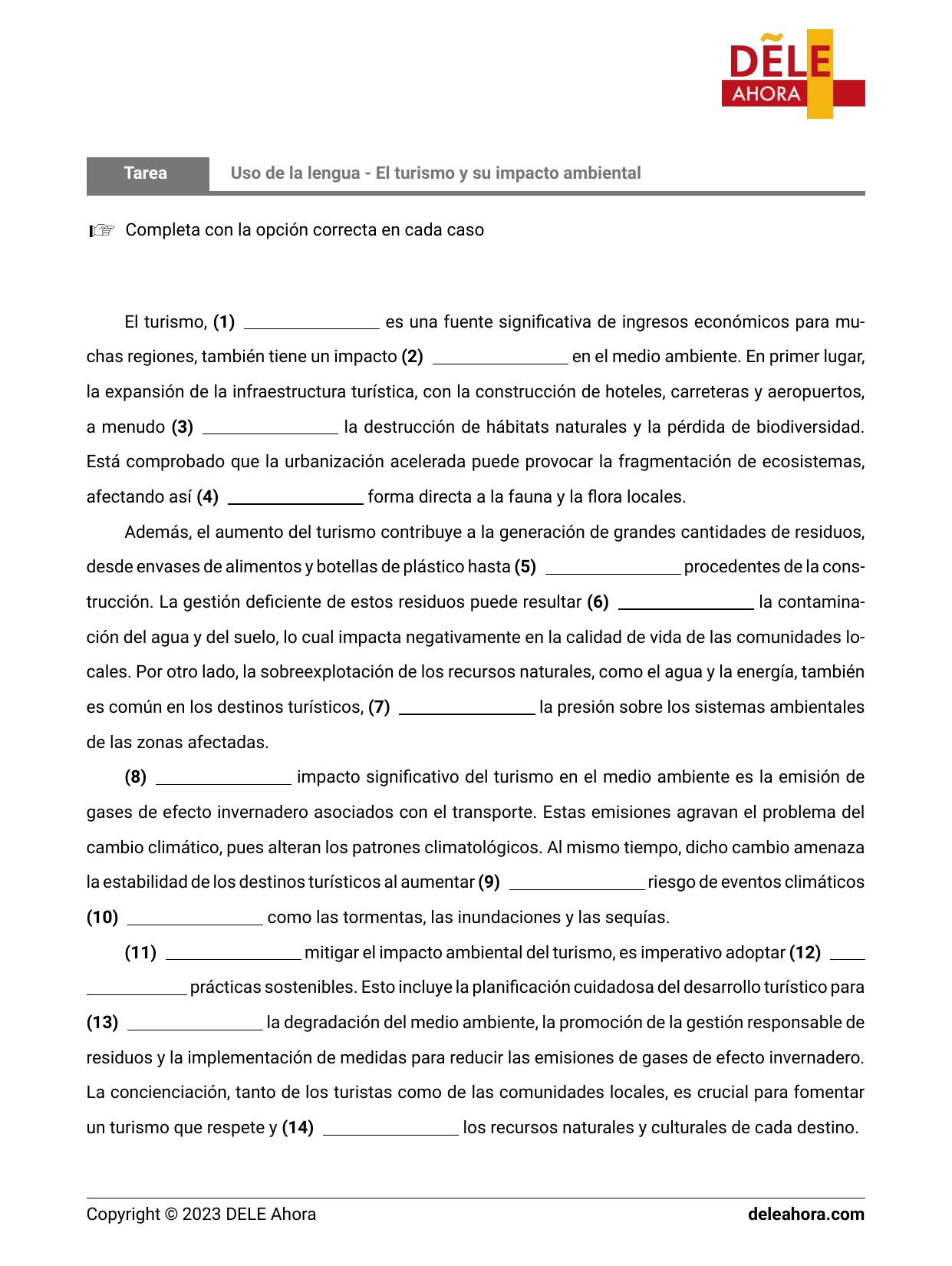 Uso de la lengua - El turismo y su impacto ambiental | Comprensión de ...