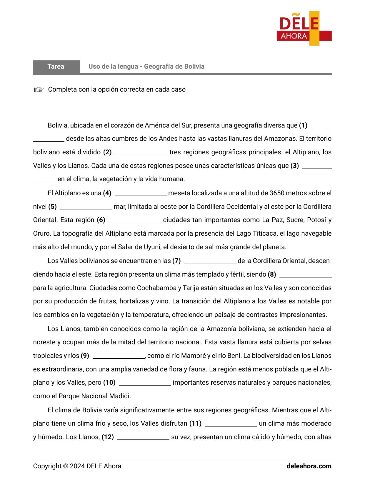 Uso de la lengua - Geografía de Bolivia | Comprensión de lectura