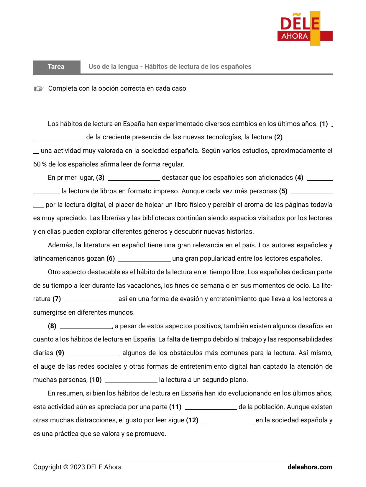 Uso de la lengua - Hábitos de lectura de los españoles | Comprensión de ...