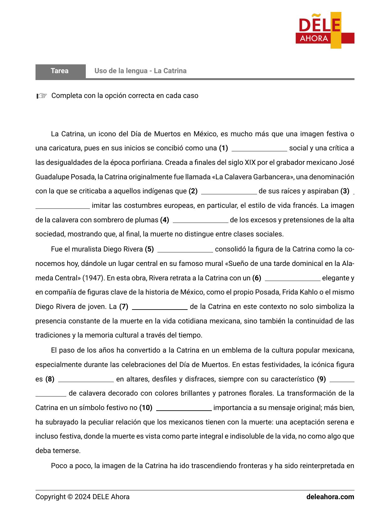 Uso de la lengua - La Catrina | Comprensión de lectura
