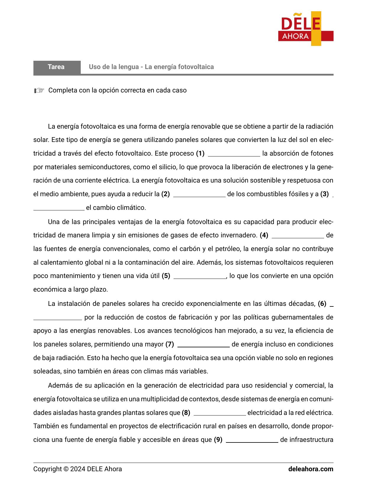 Uso de la lengua - La energía fotovoltaica | Comprensión de lectura