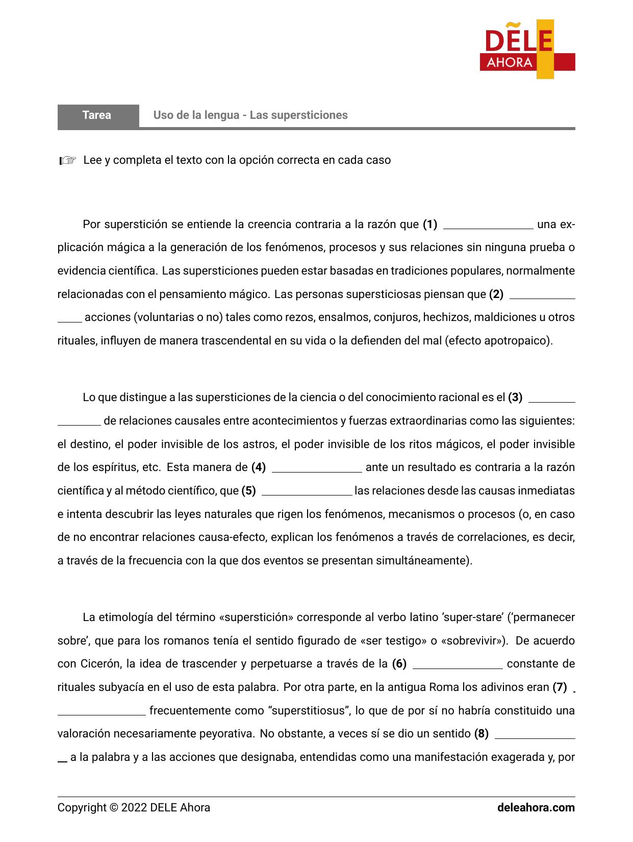 Uso de la lengua - Las supersticiones | Comprensión de lectura