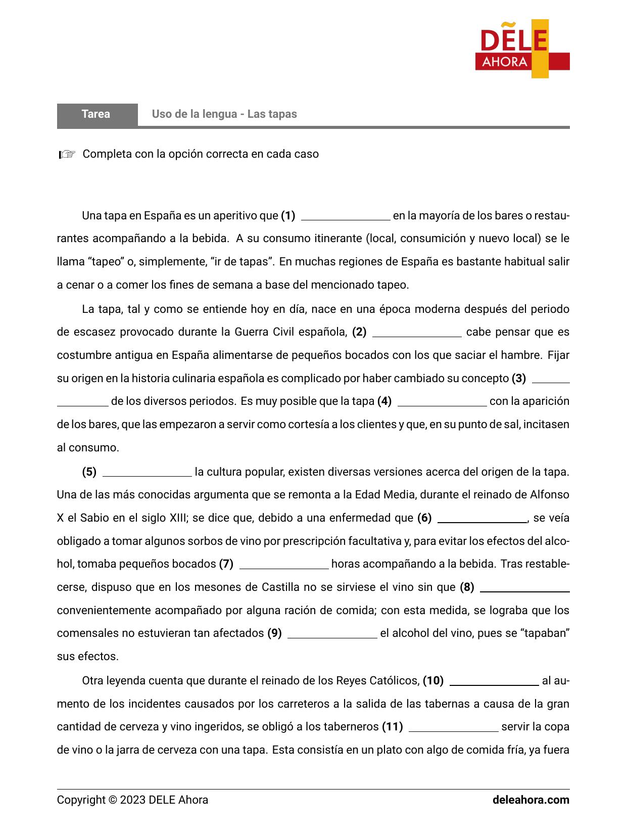 Uso de la lengua - Las tapas | Comprensión de lectura