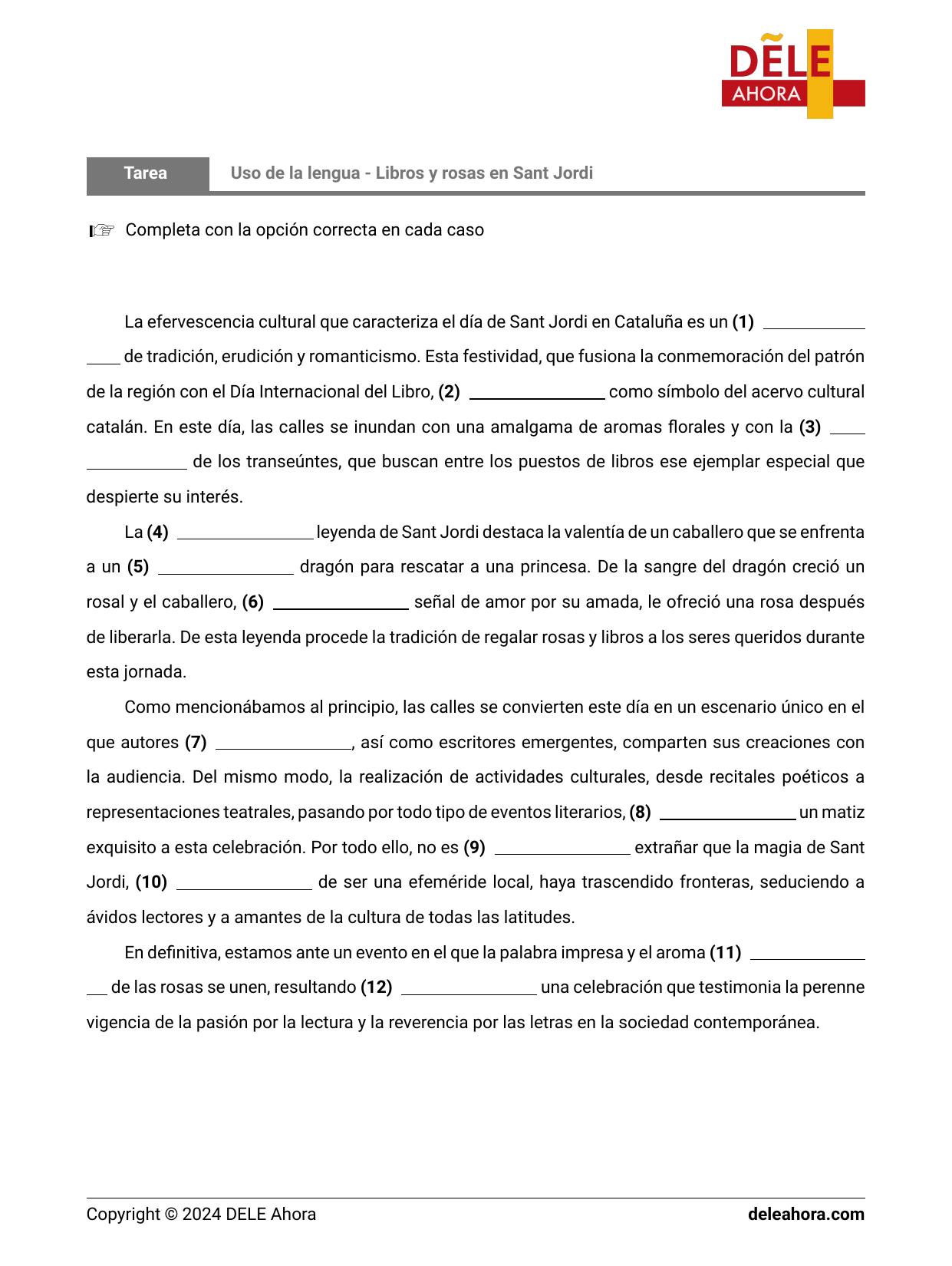 Uso de la lengua - Libros y rosas en Sant Jordi | Comprensión de lectura