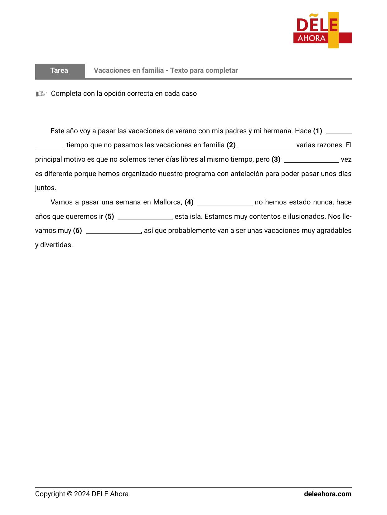 Vacaciones en familia - Texto para completar | Comprensión de lectura