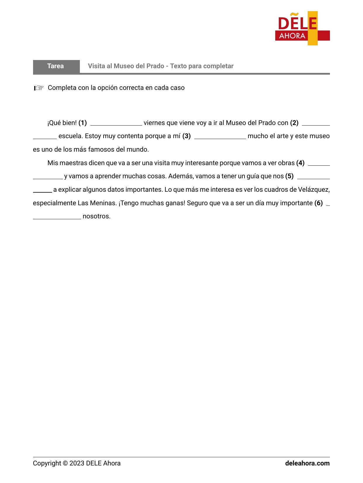 Visita al Museo del Prado - Texto para completar | Comprensión de lectura