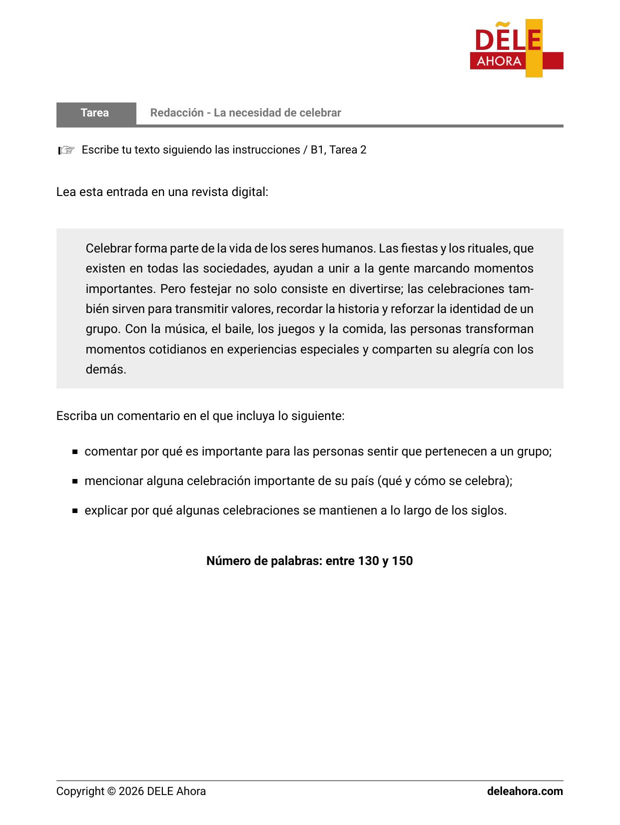 Redacción - La necesidad de celebrar | Expresión escrita