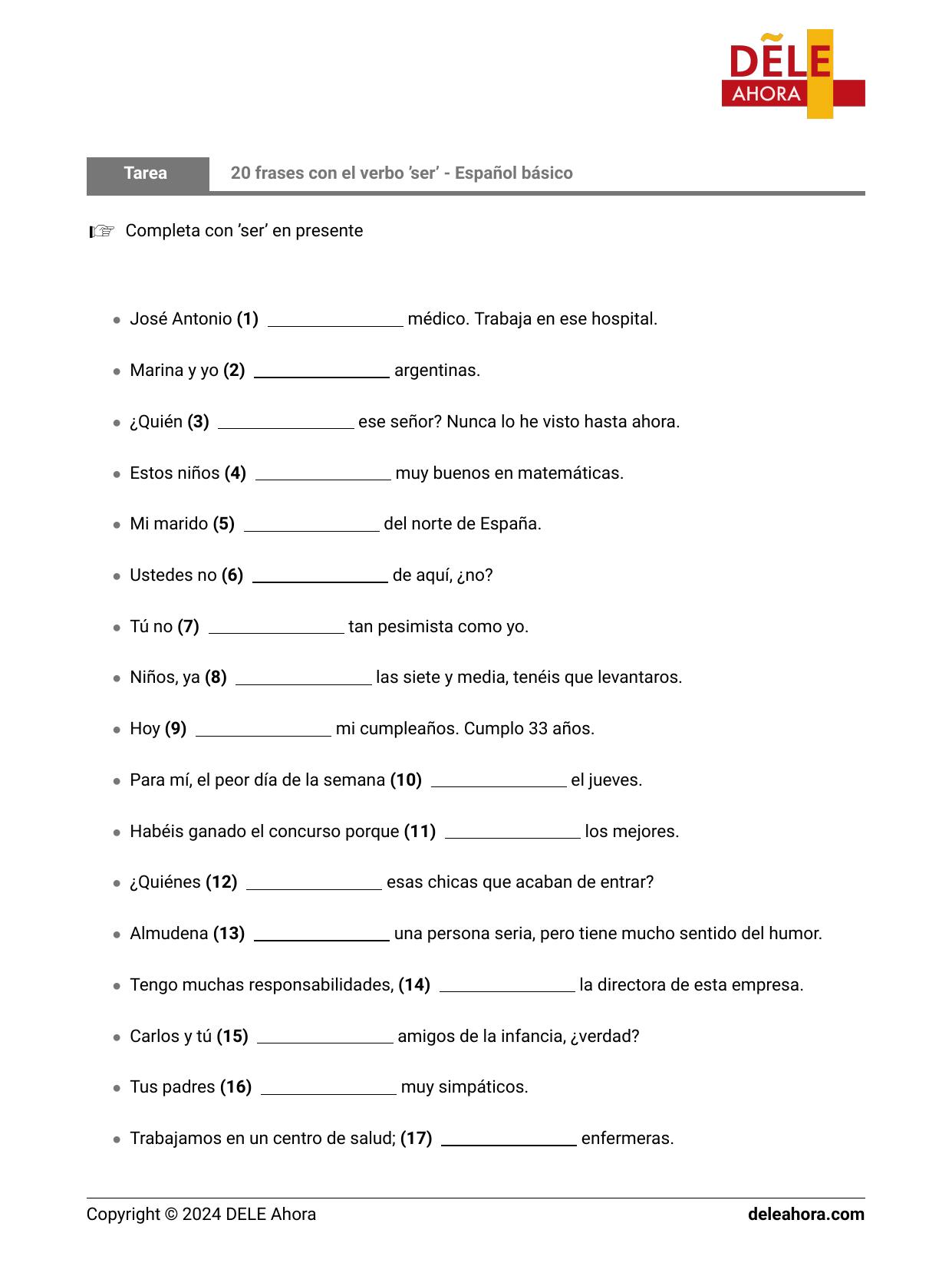 20 frases con el verbo 'ser' - Español básico | Gramática