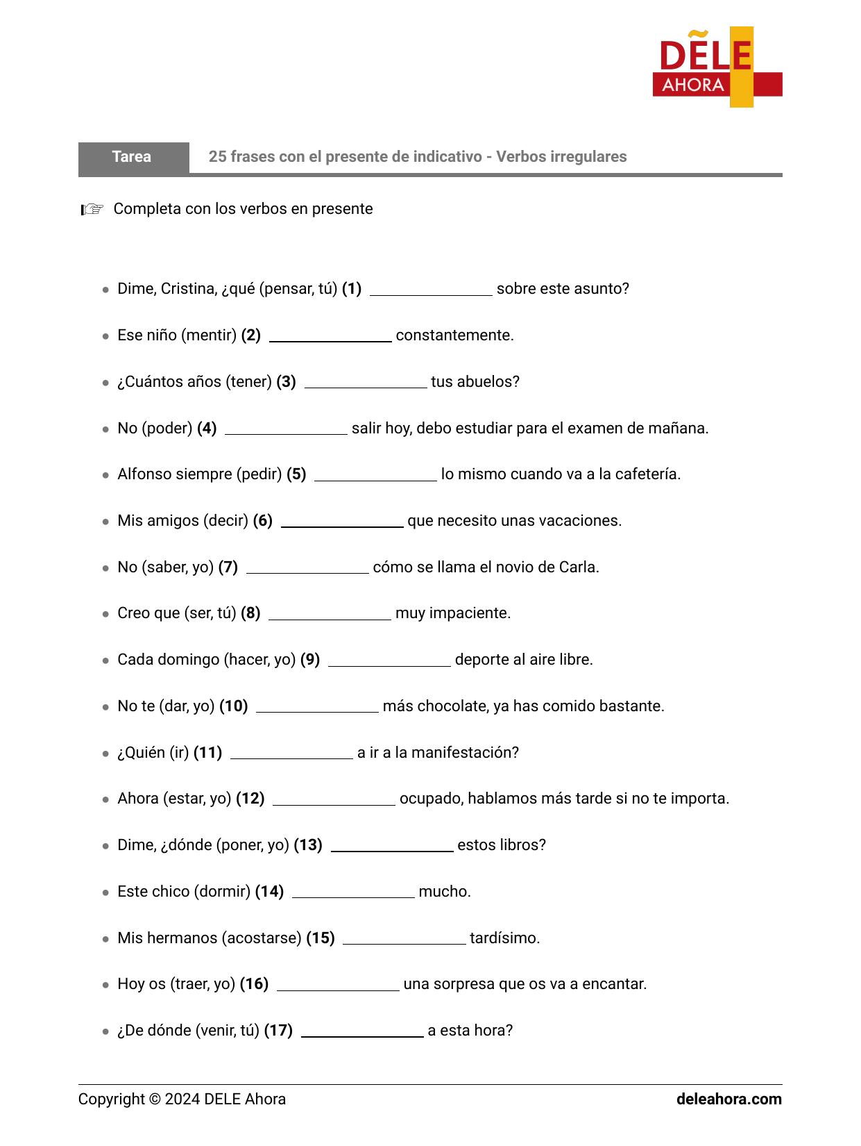 25 frases con el presente de indicativo - Verbos irr... | Gramática