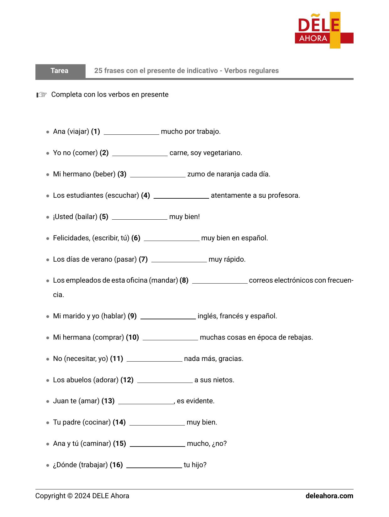 25 frases con el presente de indicativo - Verbos reg... | Gramática