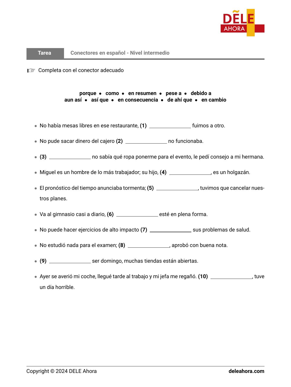 Conectores en español - Nivel intermedio | Gramática